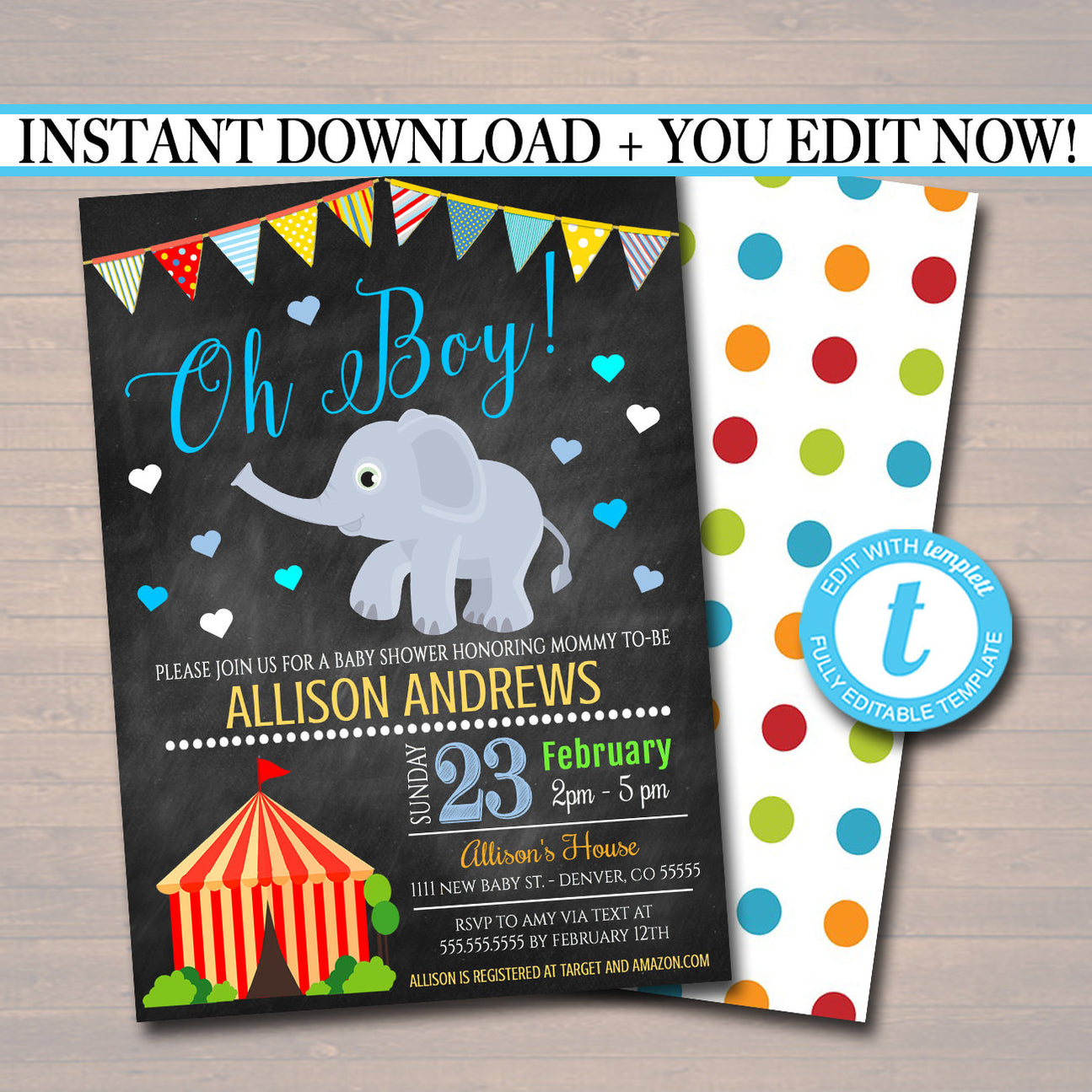 Circus Theme Baby Shower Invite | TidyLady Printables