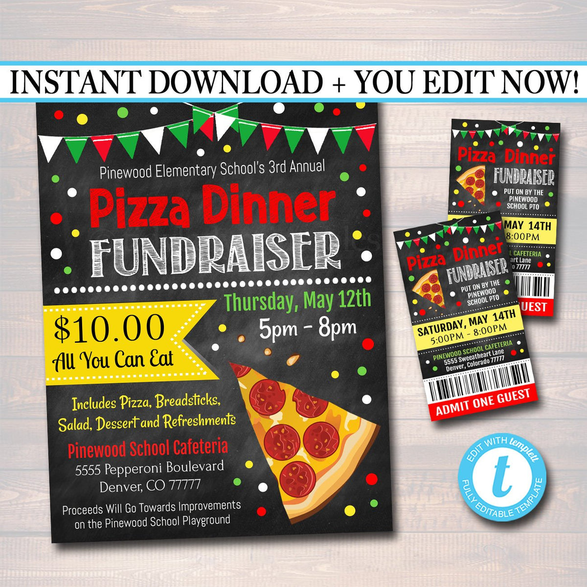 Pizza Dinner Fundraiser Flyer Ticket Set - Editable Template — TidyLady ...