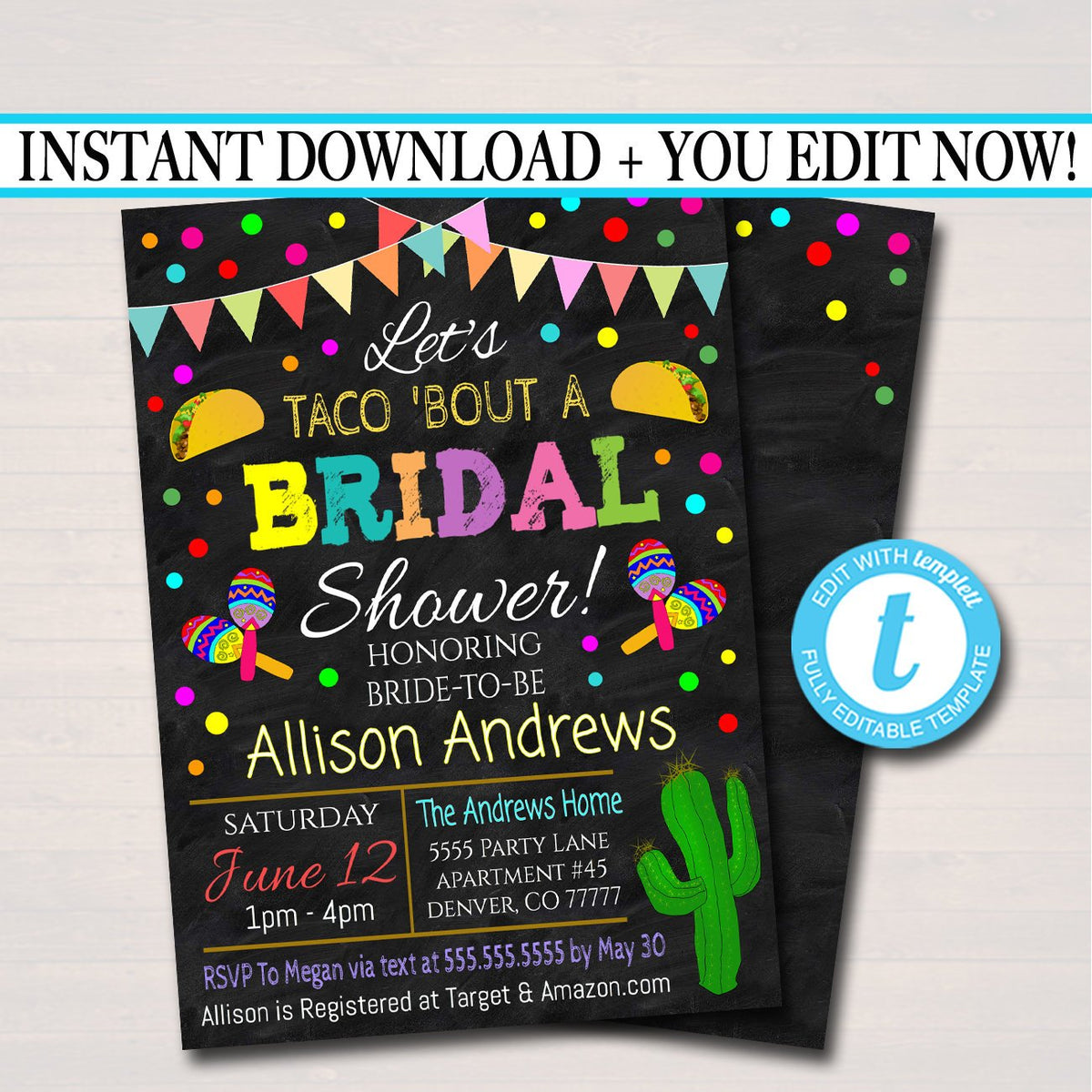 Fiesta Nacho Average Bridal Shower Invitation, Chalkboard Printable We ...