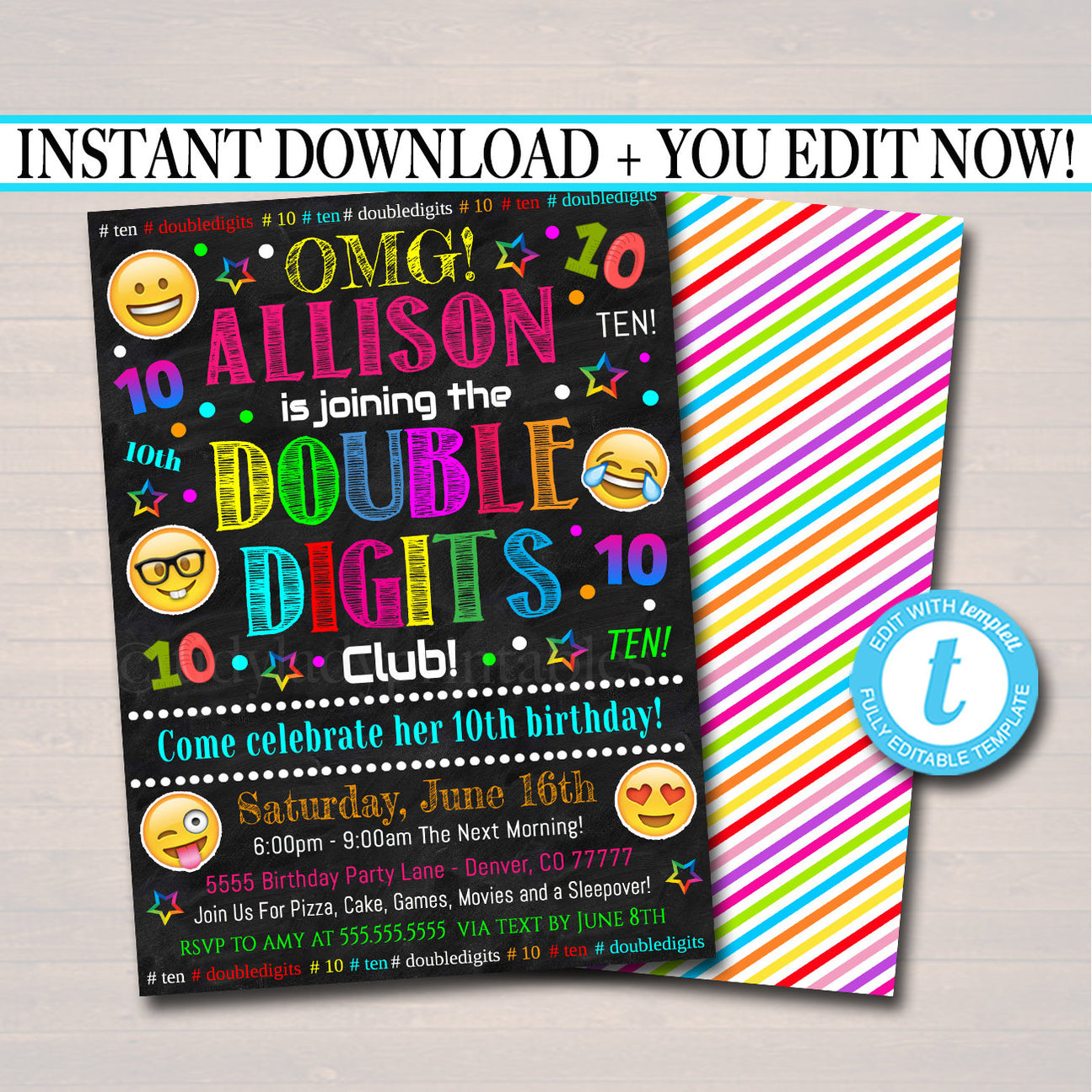 Double Digits Club Party Birthday Invitation, 10th Birthday Emoji Girl ...