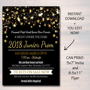 Prom Set, Dance Flyer Invitation Ticket Starry Night, Gold Glitter Und ...