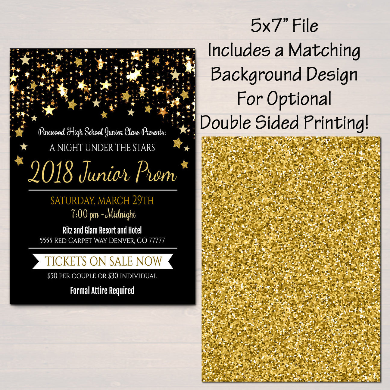 Prom Set, Dance Flyer Invitation Ticket Starry Night, Gold Glitter Und ...
