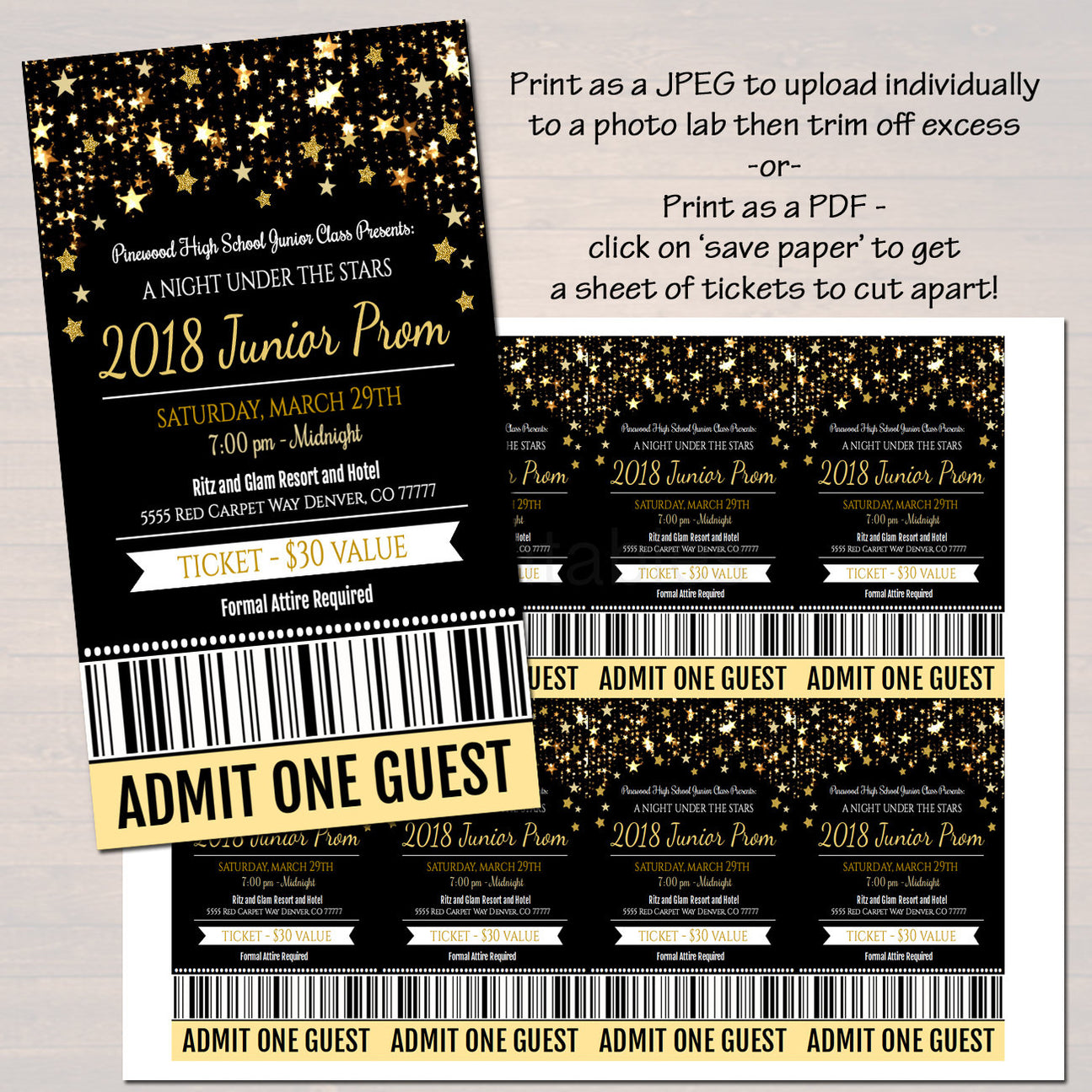 Prom Set, Dance Flyer Invitation Ticket Starry Night, Gold Glitter Und — TidyLady Printables