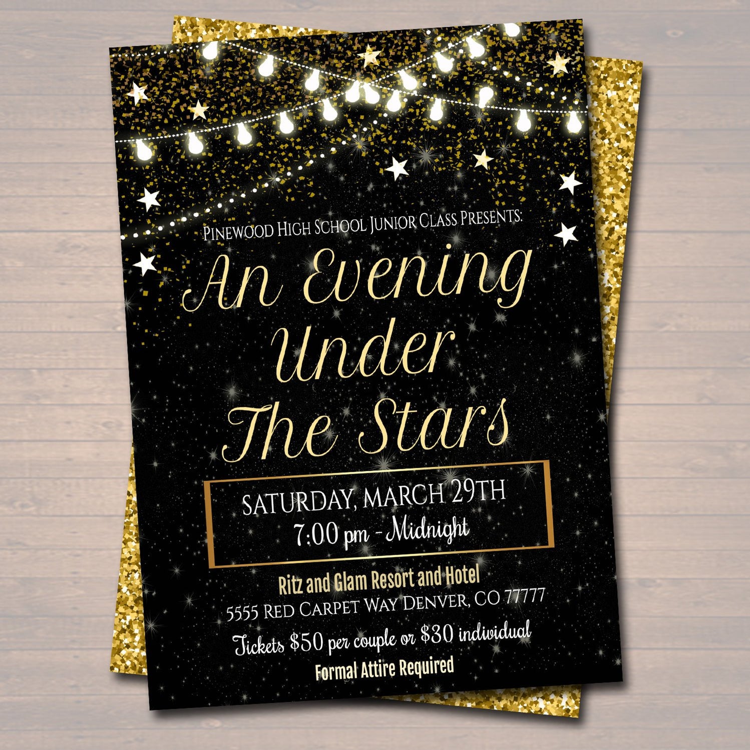 Prom Dance Invitation. Starry Night, Gold Glitter An Evening Under The ...