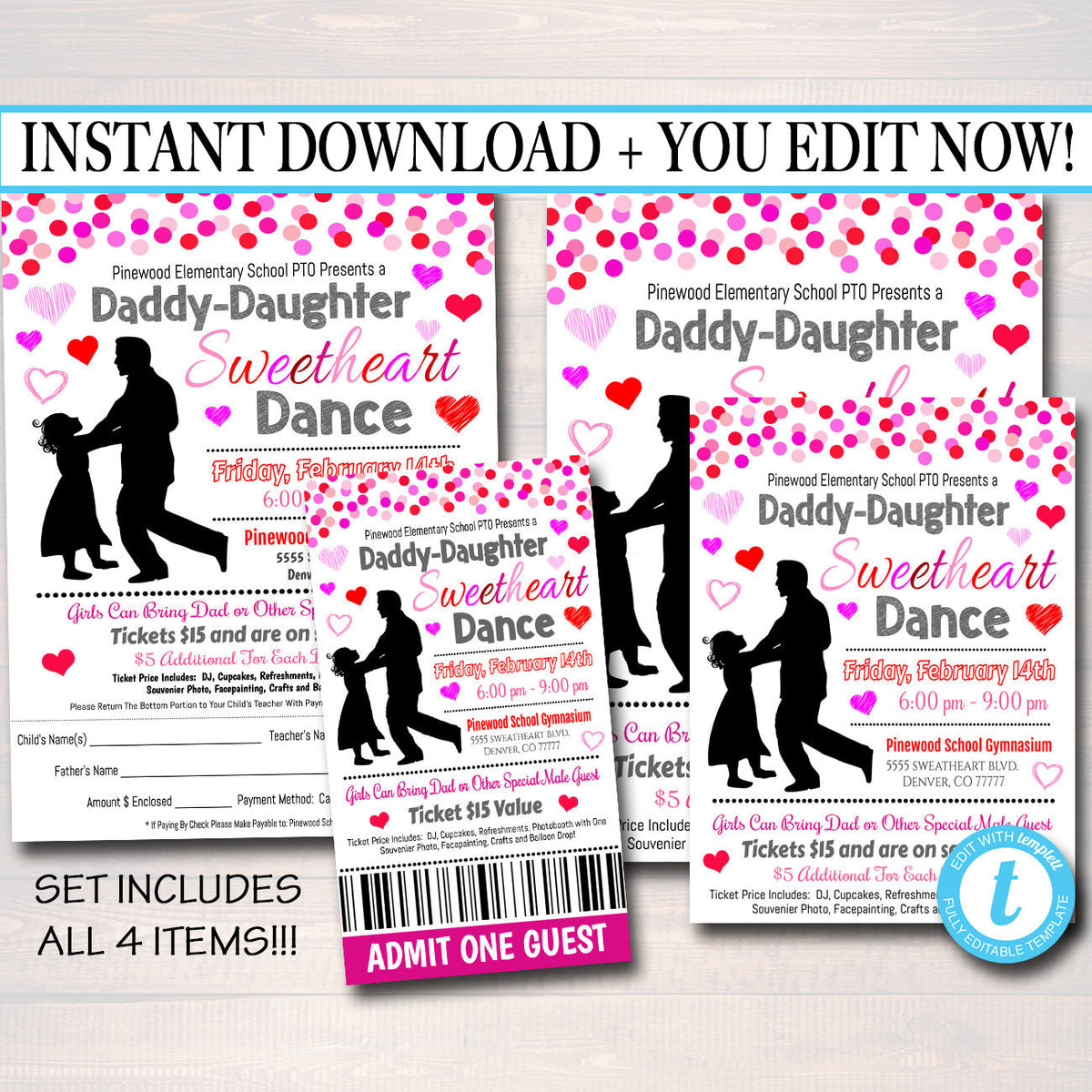 Daddy Daughter Sweetheart Valentine's Day Dance, School Dance Flyer Pa ...
