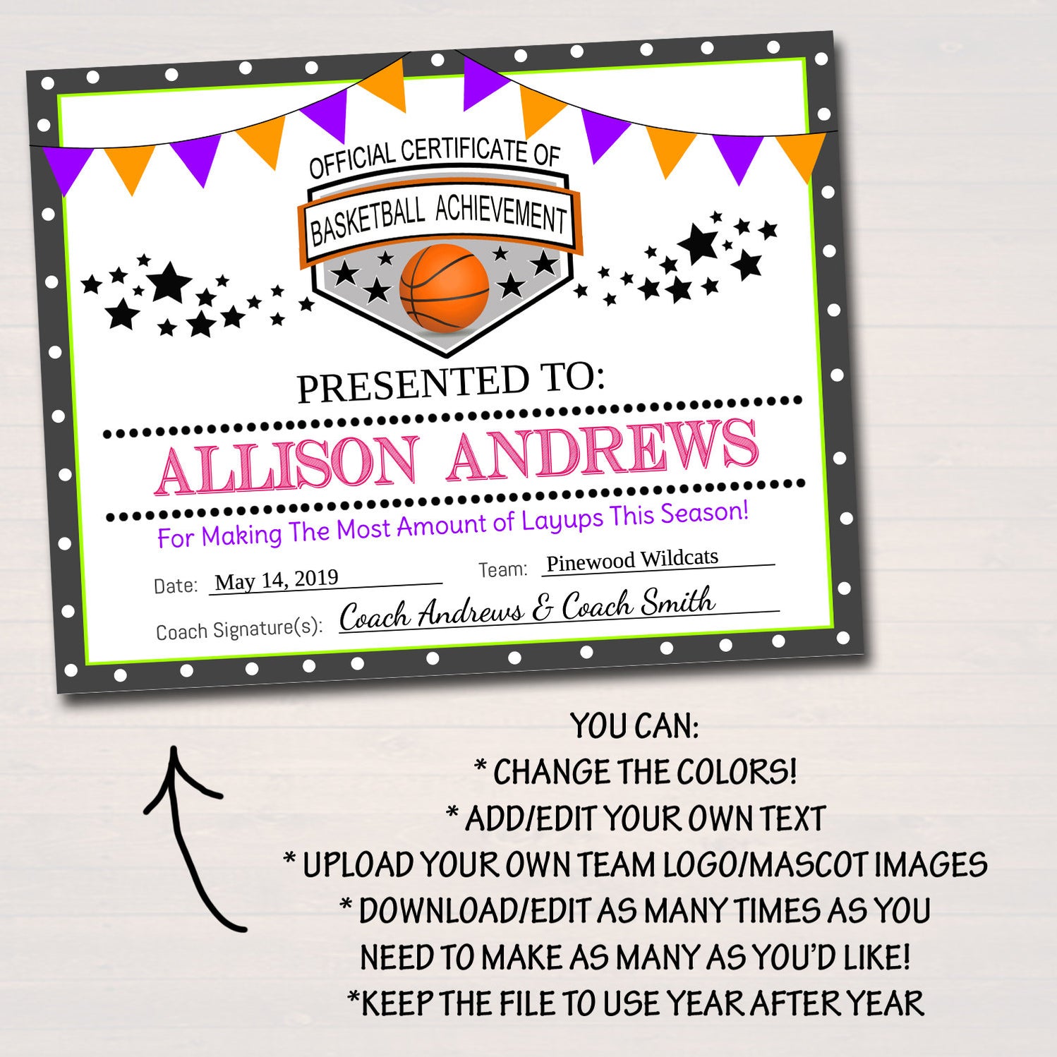 Basketball Certificates, Basketball Team Awards, Basketball Party Prin ...