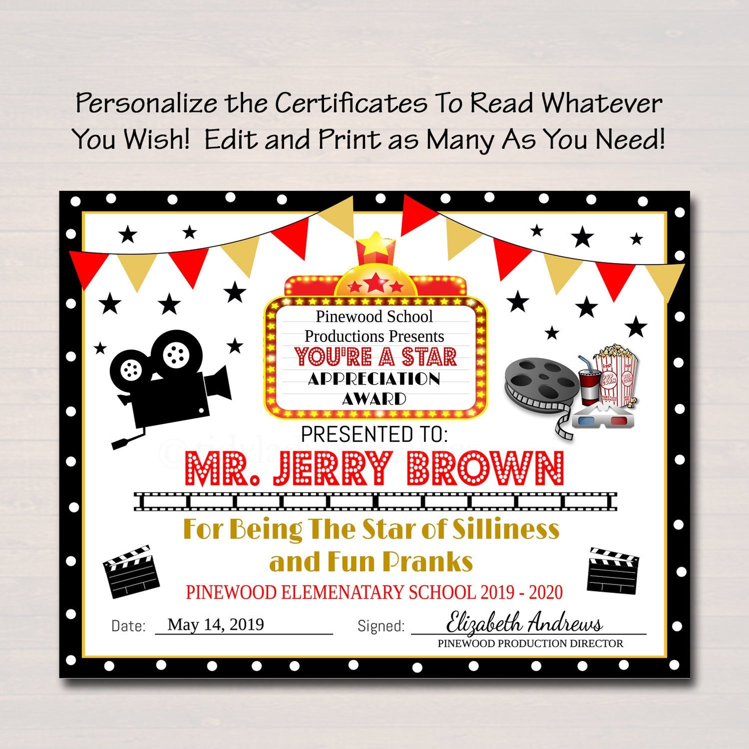 Teacher Appreciation Hollywood Printable Award Certificates — TidyLady ...
