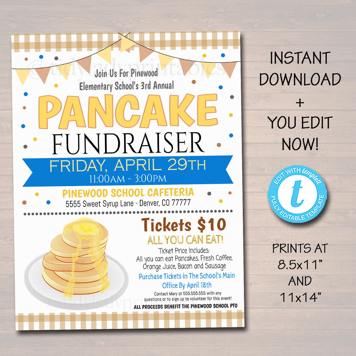 Pancake Breakfast Fundraiser Event Flyer Printable Template — TidyLady ...