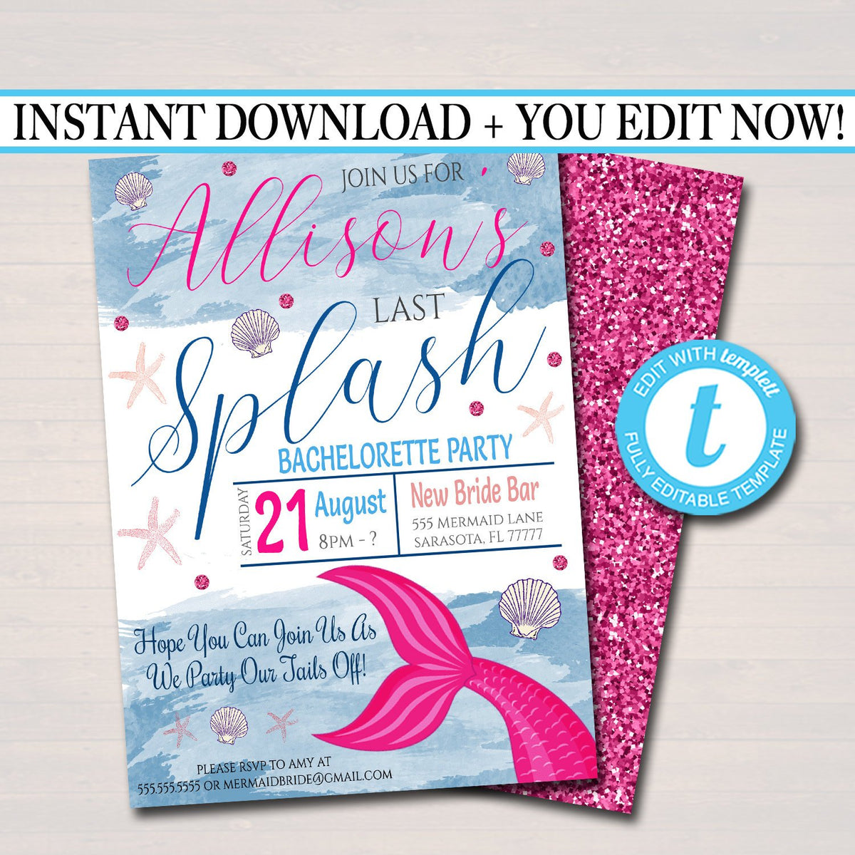 Mermaid Bachelorette Party Invitation Glitter Pink Watercolor Beach Pa ...