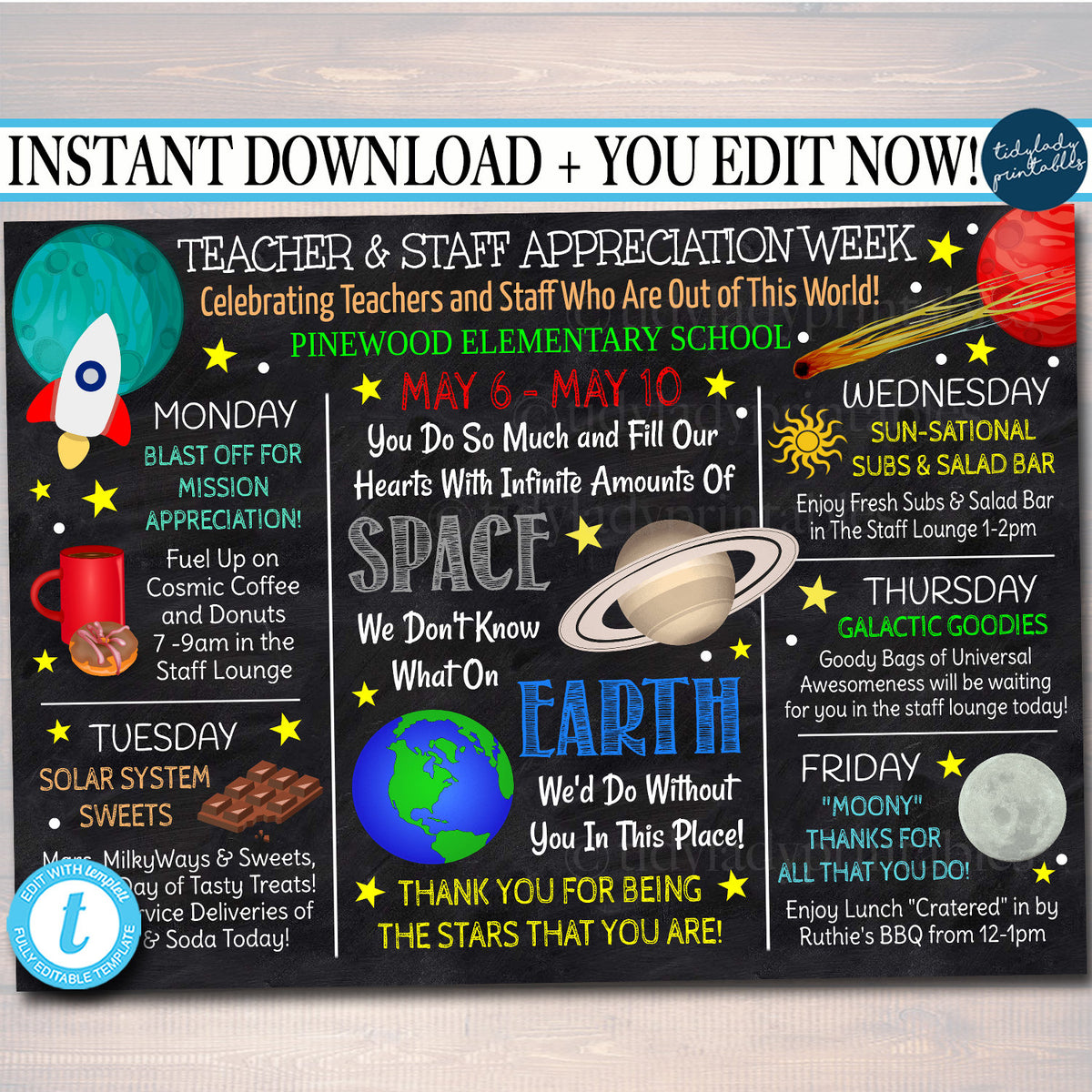 Space Theme Teacher Staff Appreciation Week Event Printable — TidyLady ...
