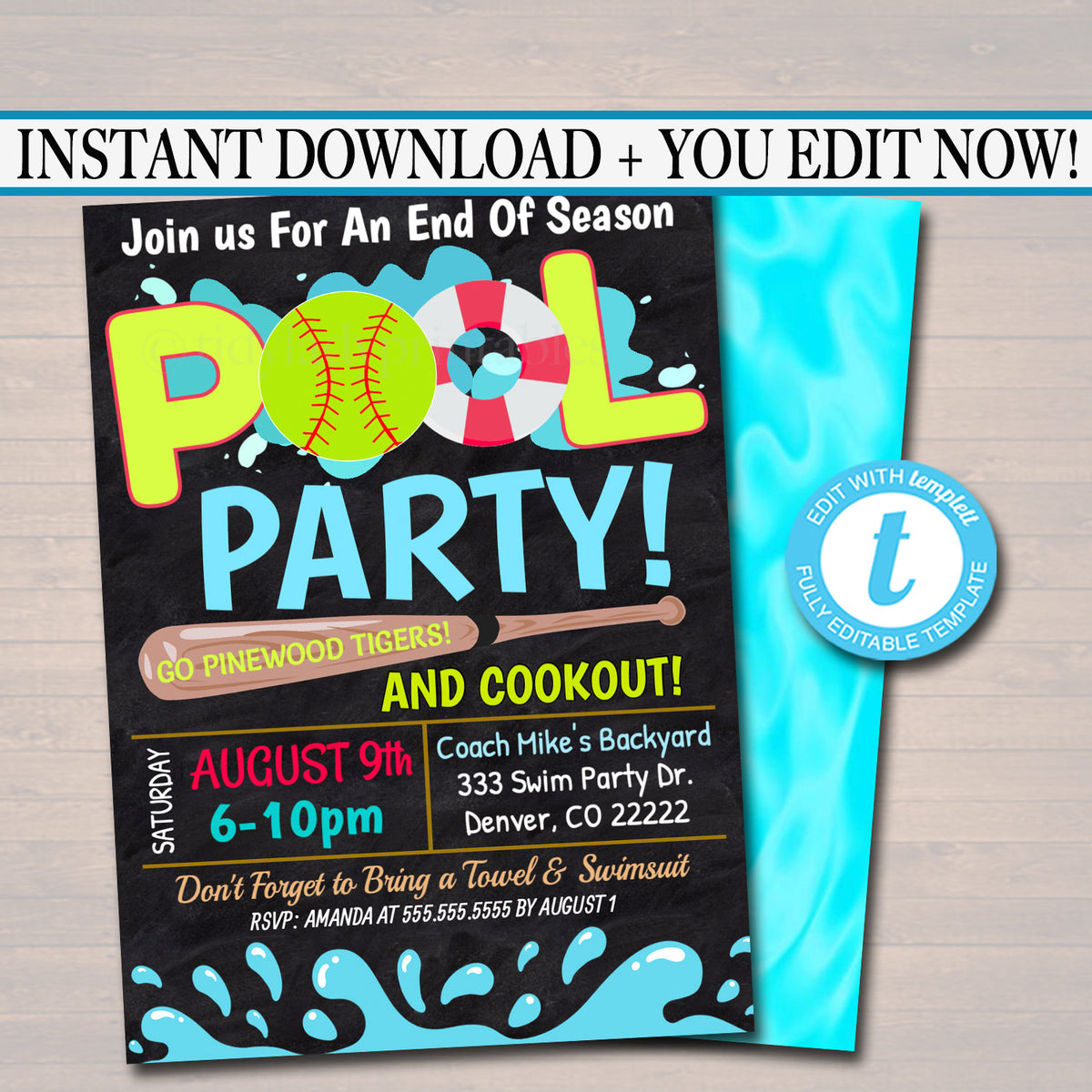 Summer Pool Softball Party Invitation | TidyLady Printables