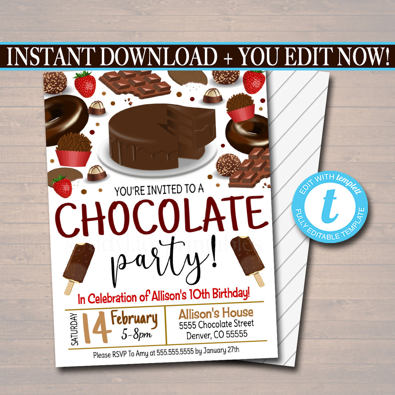 Chocolate Party Invitation, Party Invite, Dessert Restaurant Printable ...