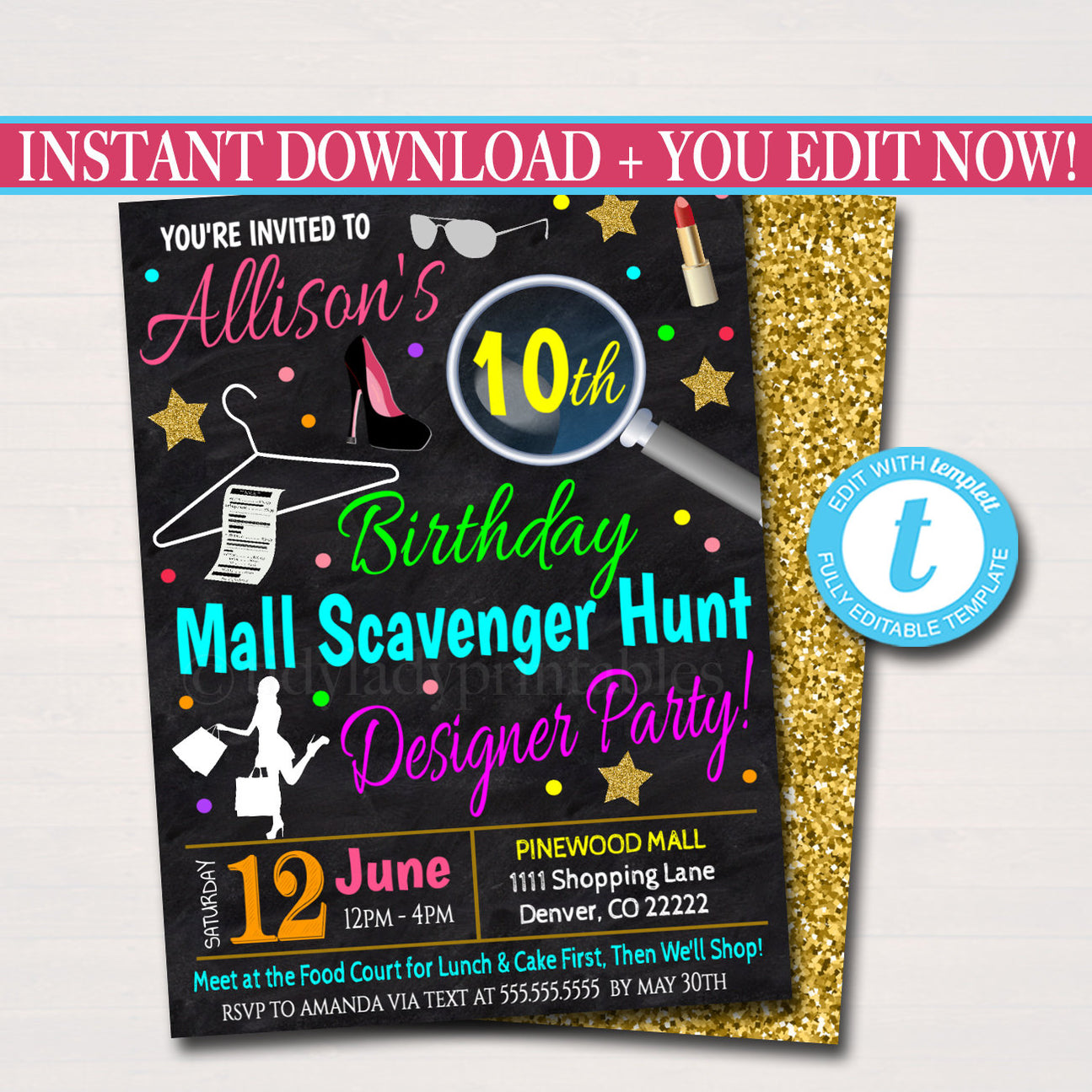 Mall Scavenger Hunt Party, Tween Teen Birthday Party Invitation, Birth — TidyLady Printables