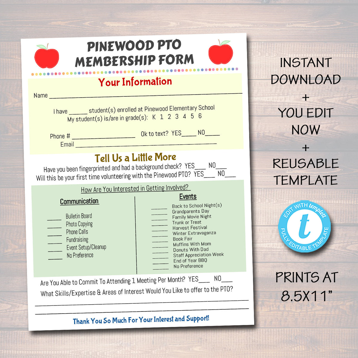 PTO PTA Form, Membership Volunteer Signup Printable Handout, School Fu ...