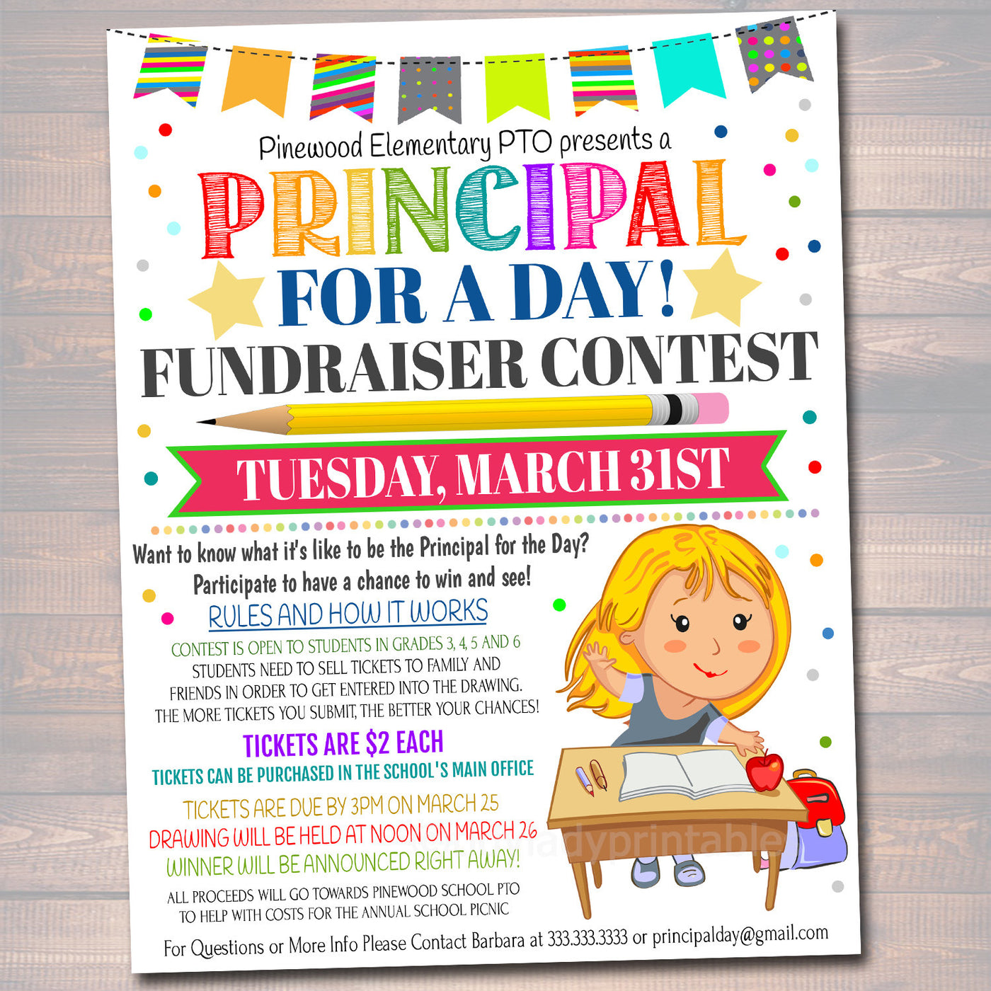 Principal for a Day Contest Fundraiser Flyer Printable — TidyLady ...