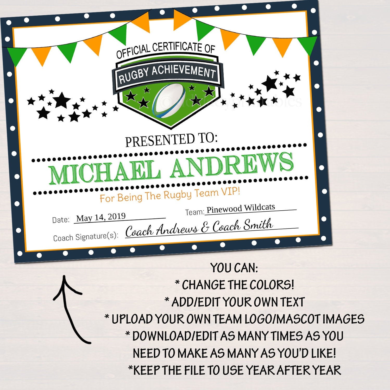 Rugby Award Certificates, , Team Ruby union Awards, Rugby Party Printa ...