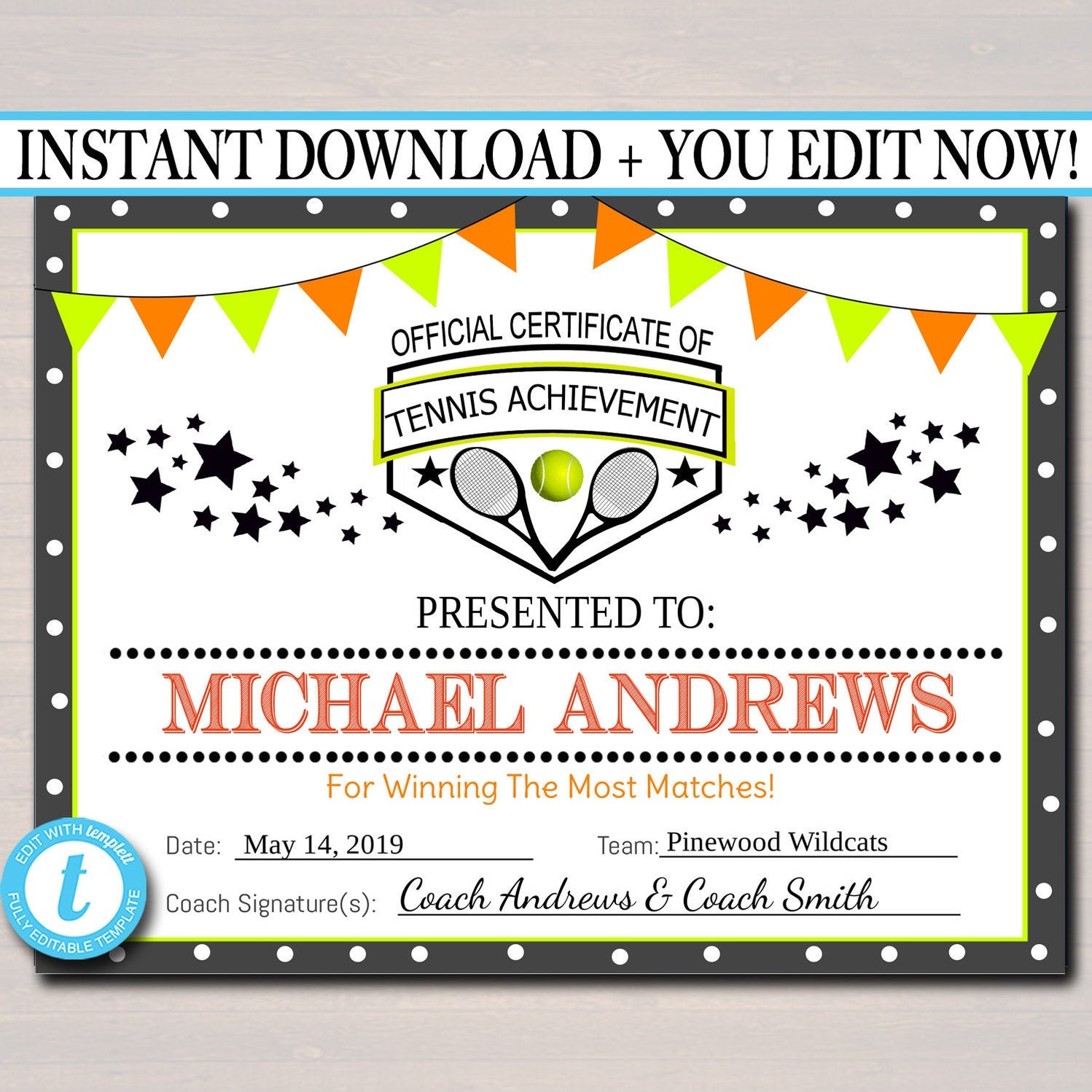 Tennis Award Certificates, , Team Tennis Awards, Tennis Party Printabl ...
