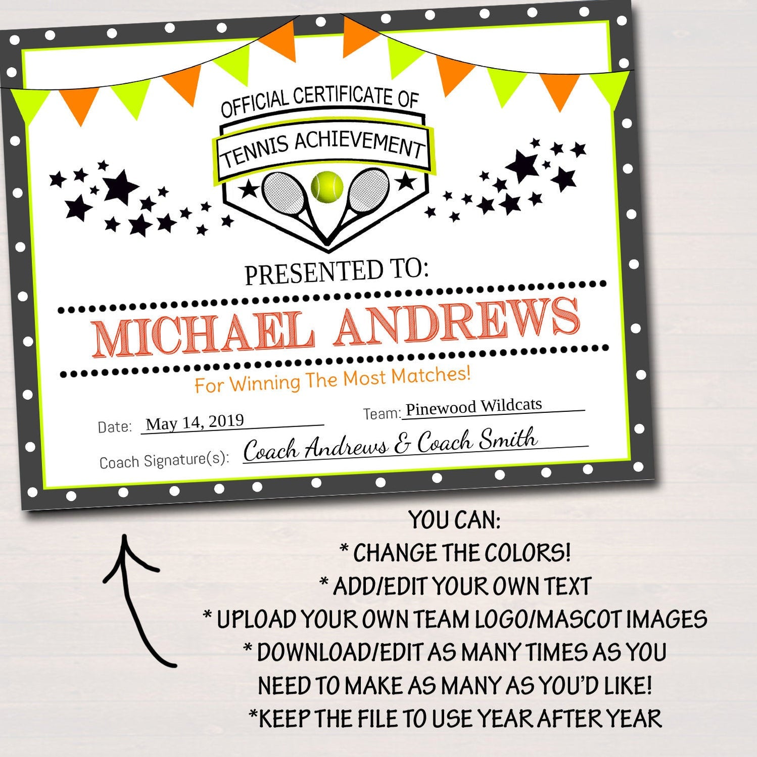 Tennis Award Certificates, , Team Tennis Awards, Tennis Party Printabl ...