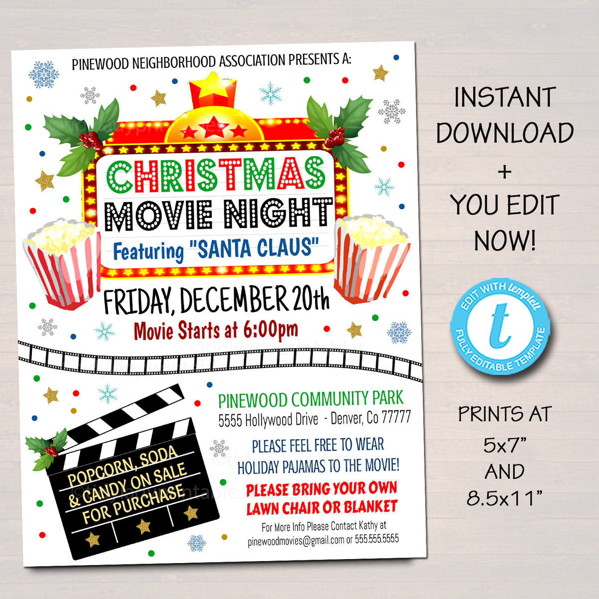 Christmas Movie Night Flyer Editable Template Holiday Cinema Party In
