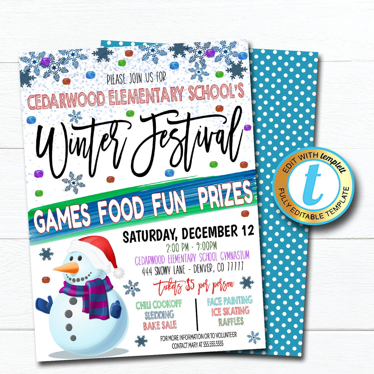 School Winter Festival Flyer Holiday Snowman Invite Template — TidyLady ...