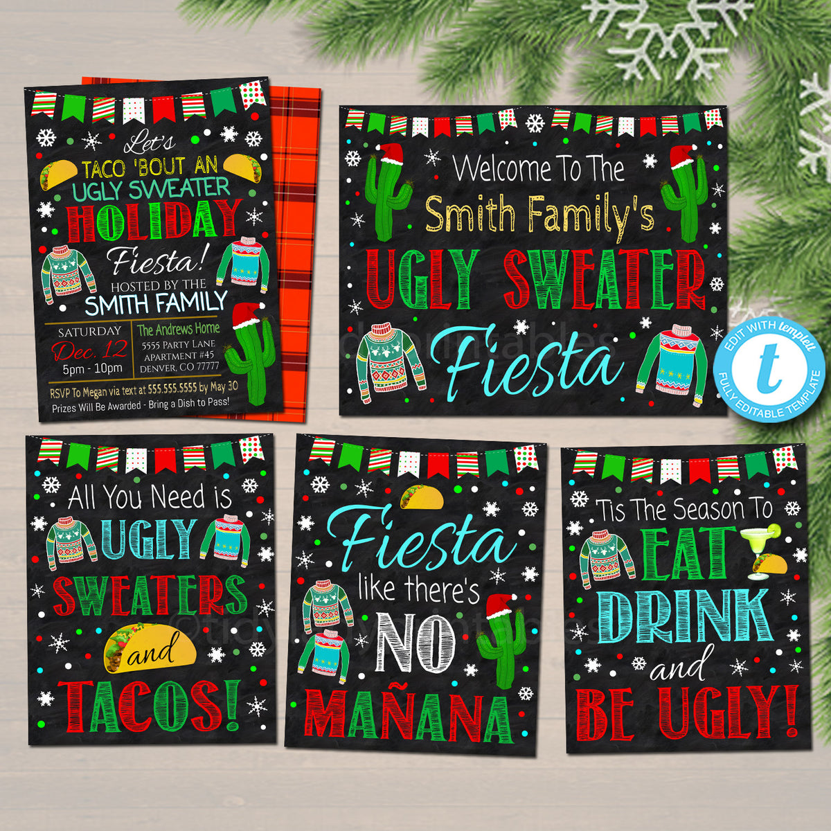 Christmas Ugly Sweater Fiesta Party Set - Invite - Welcome Sign - Deco ...