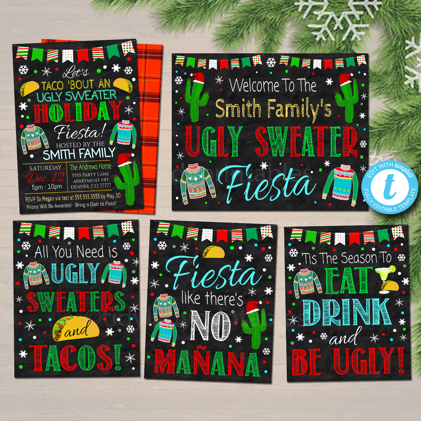 Christmas Ugly Sweater Fiesta Party Set - Invite - Welcome Sign - Deco ...