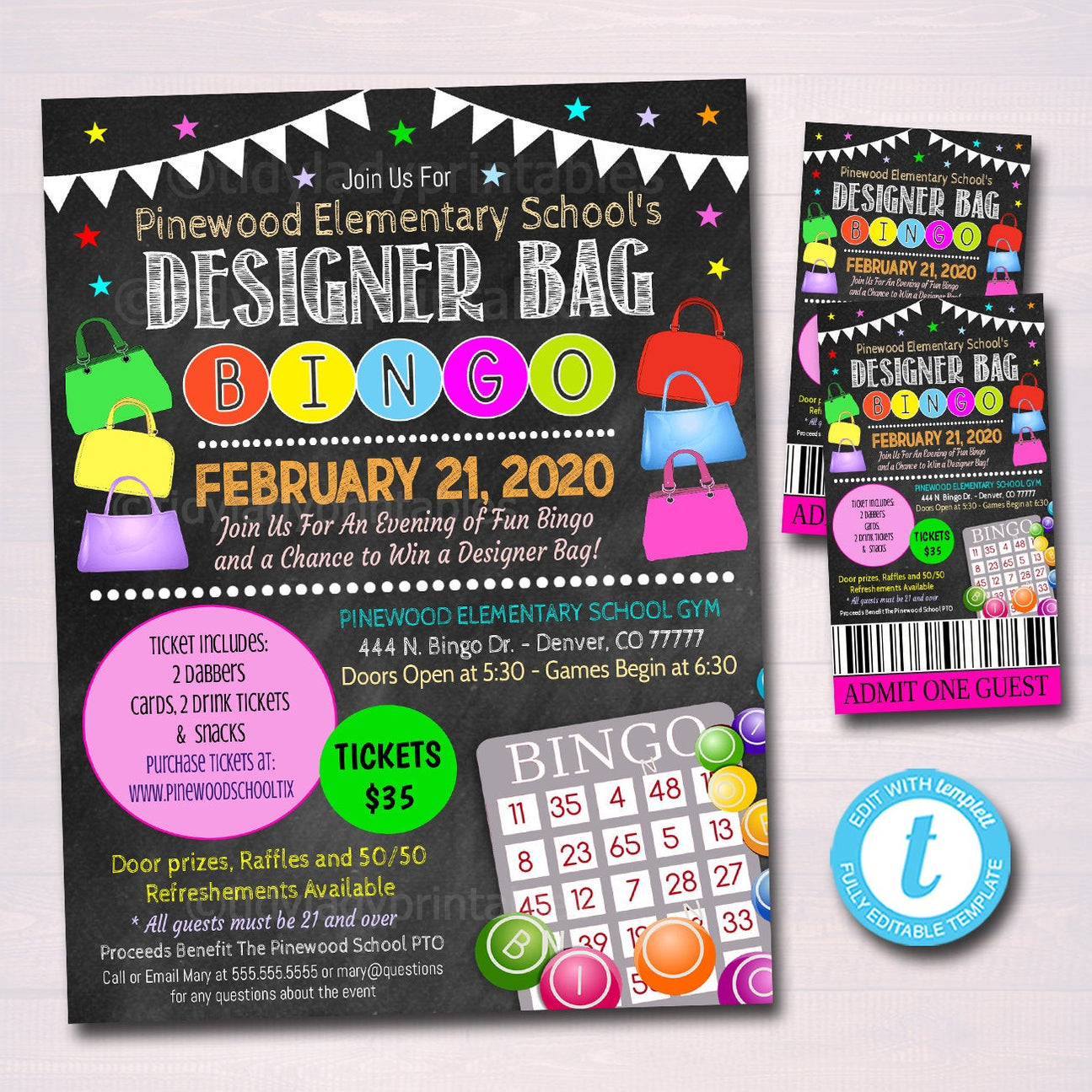 Designer Bag Bingo Night Flyer Ticket Set Printable Template — TidyLady ...