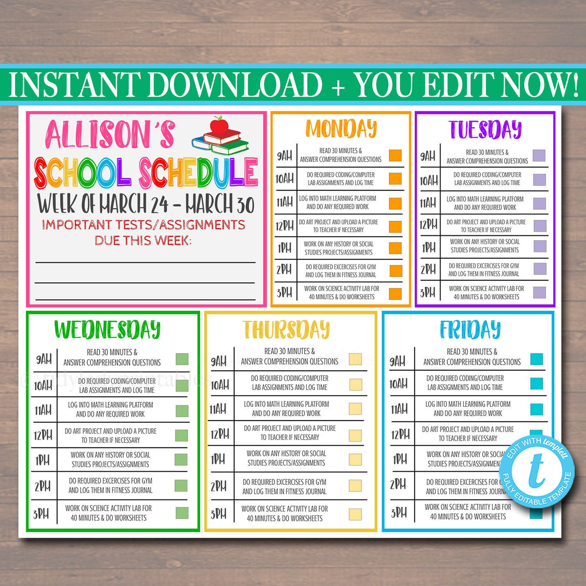 Homework Organizer Kids Student Planner Editable Template — TidyLady ...