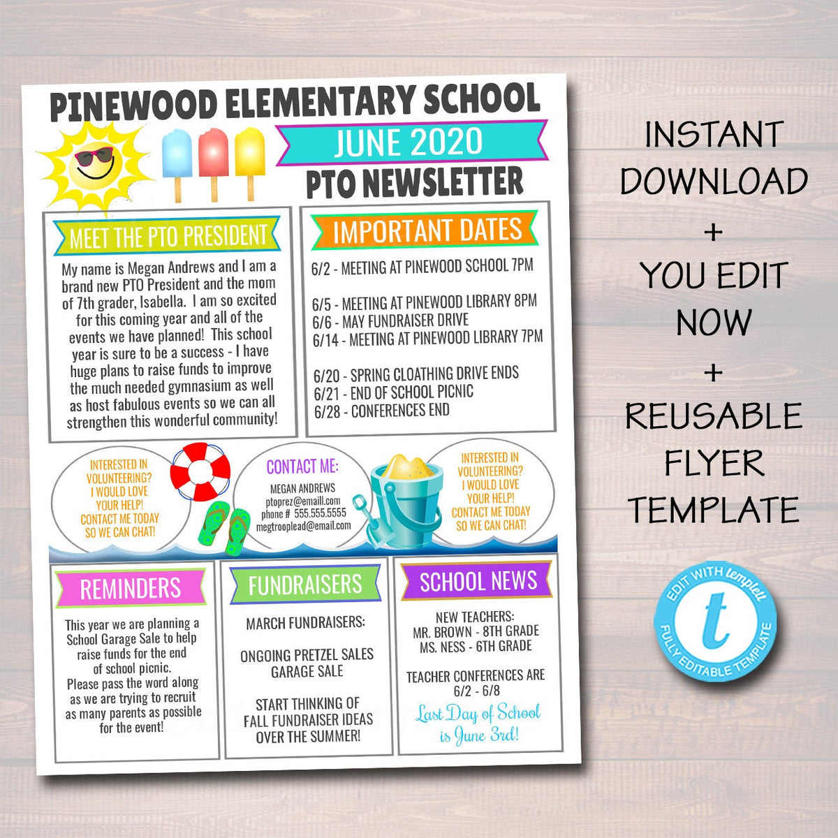 June PTO PTA Newsletter Flyer - EDITABLE Template — TidyLady Printables