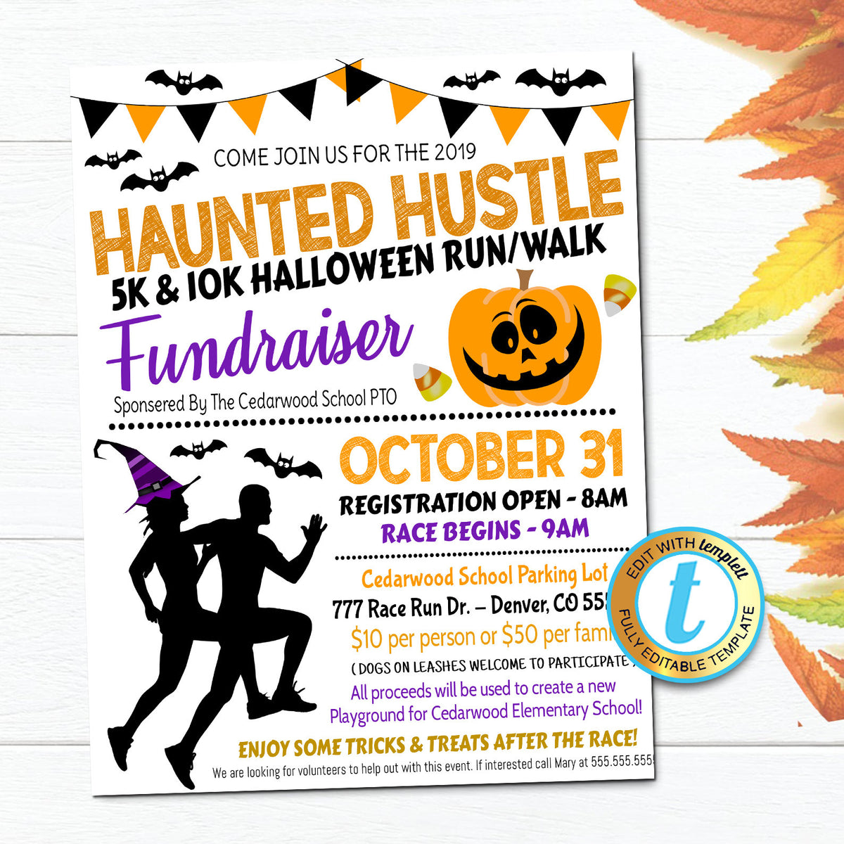 Halloween Run Flyer, 5k 10k Haunted Race Run Walk Template — TidyLady ...