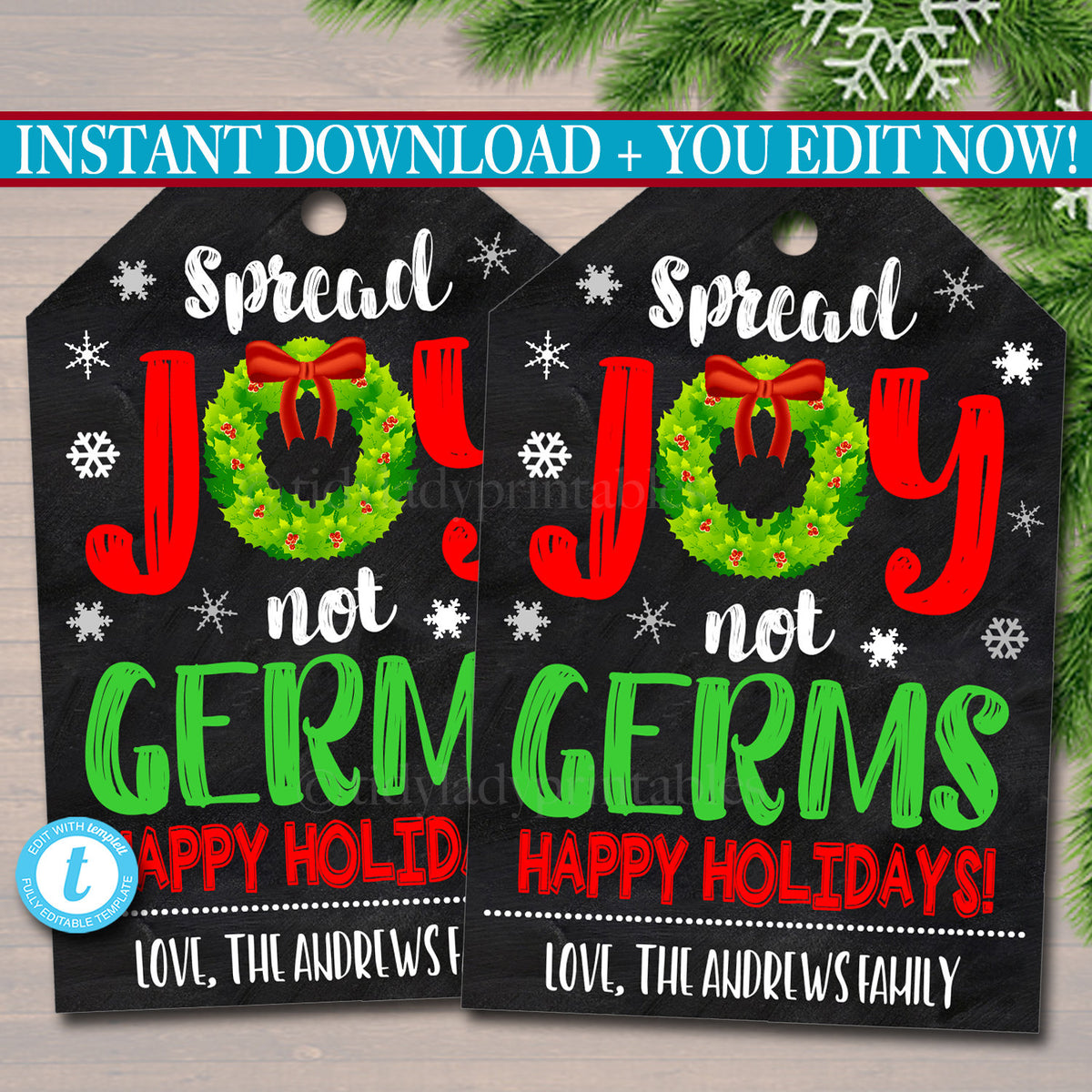 Christmas Gift Tag Spread Joy Not Germs - Hand Sanitizer Label ...