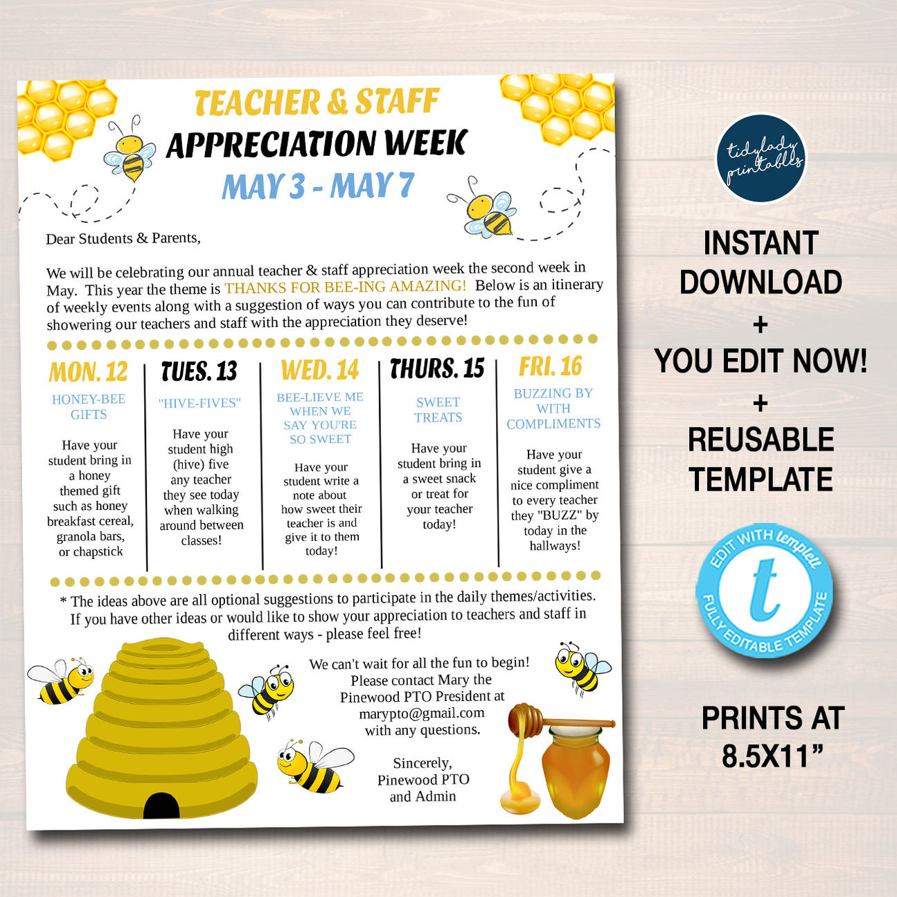 Bee Theme Teacher Appreciation Staff Invitation Newsletter — TidyLady ...