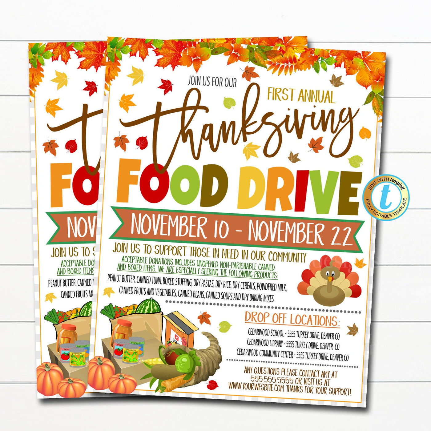 Thanksgiving Food Drive Flyer | Fall Food Drive Fundraiser — TidyLady ...
