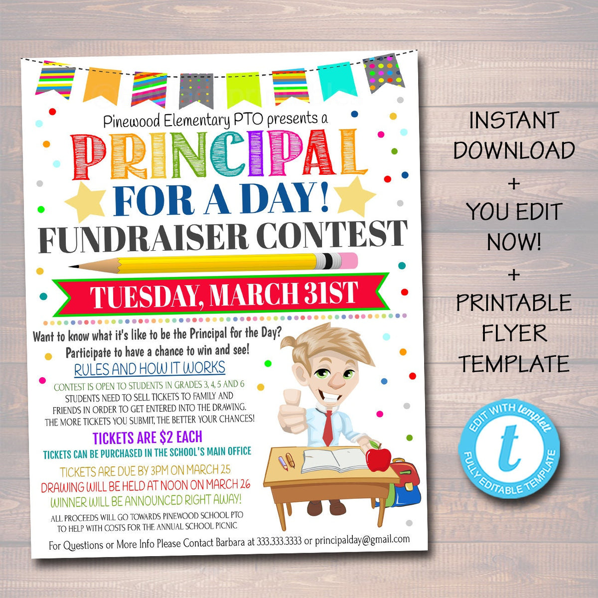Editable Principal for a Day Contest Fundraiser Flyer — TidyLady Printables
