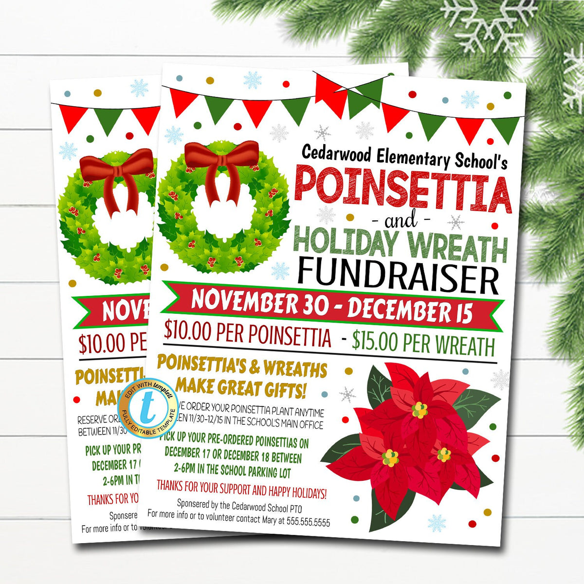 Poinsettia And Holiday Wreath Fundraiser Flyer — TidyLady Printables