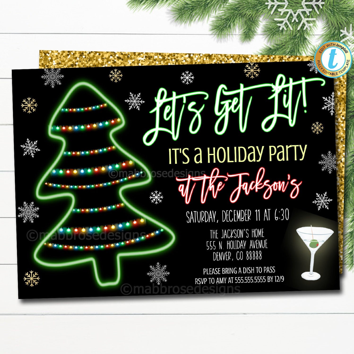Christmas Party Invitation | Let's get Lit Neon Light — TidyLady Printables