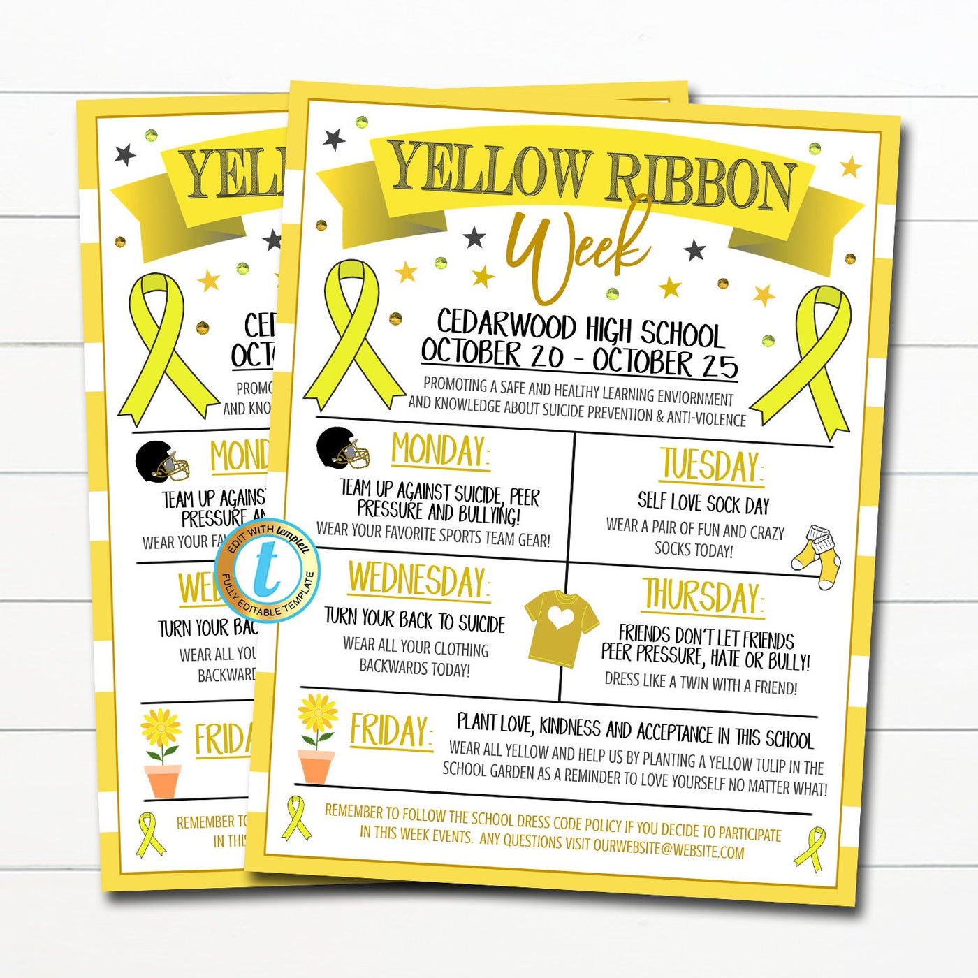 Yellow Ribbon Week Itinerary Flyer | TidyLady Printables