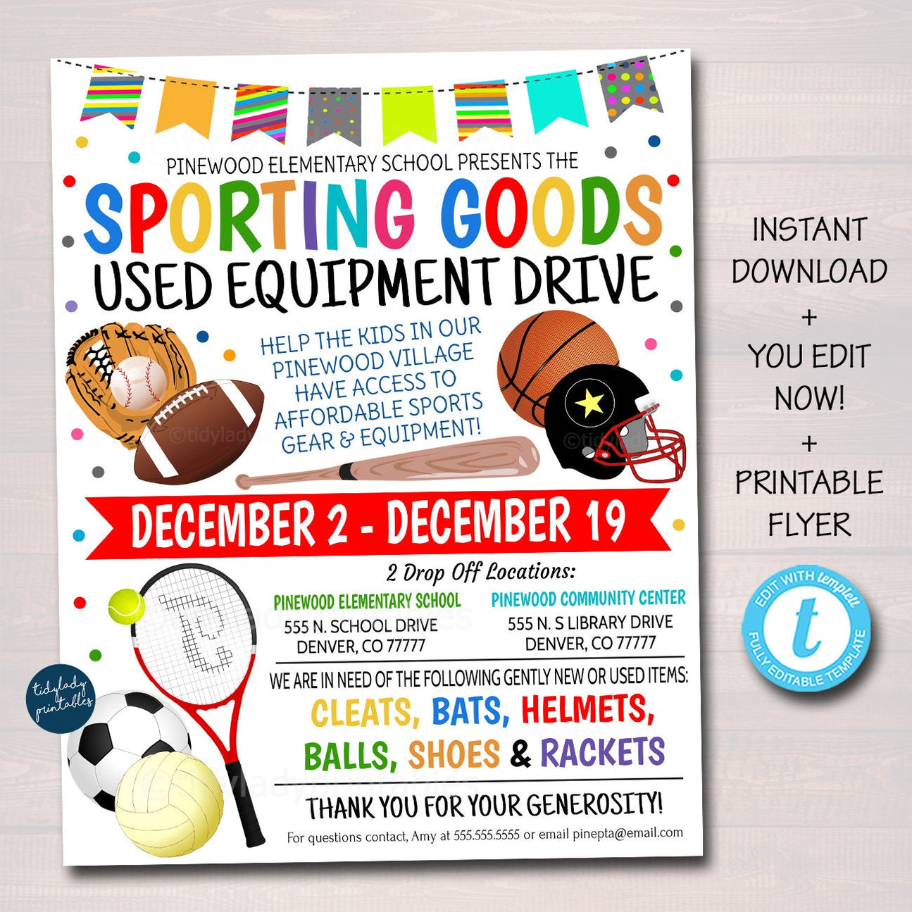 Sporting Goods Equipment Drive Fundraiser Flyer — TidyLady Printables