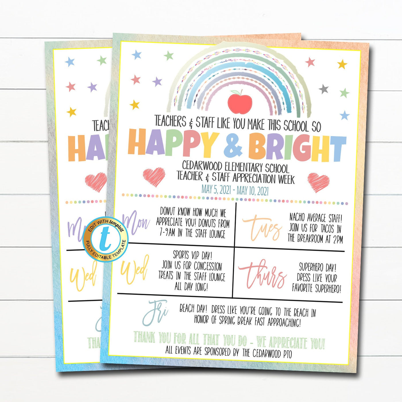 Teacher Appreciation Week Itinerary | Rainbow Boho Watercolor ...