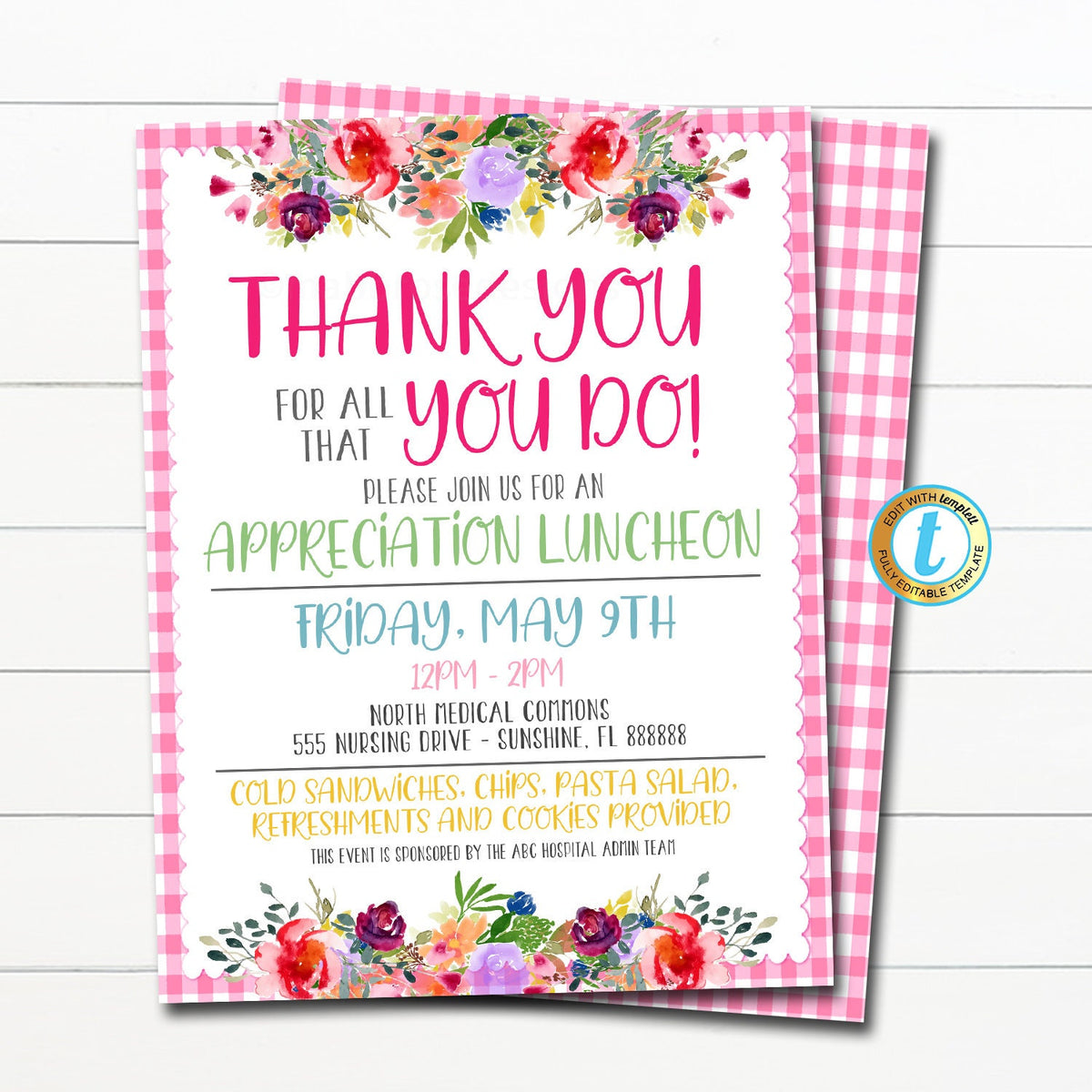 Floral Gingham Theme Teacher Appreciation Lunch Invite — TidyLady ...