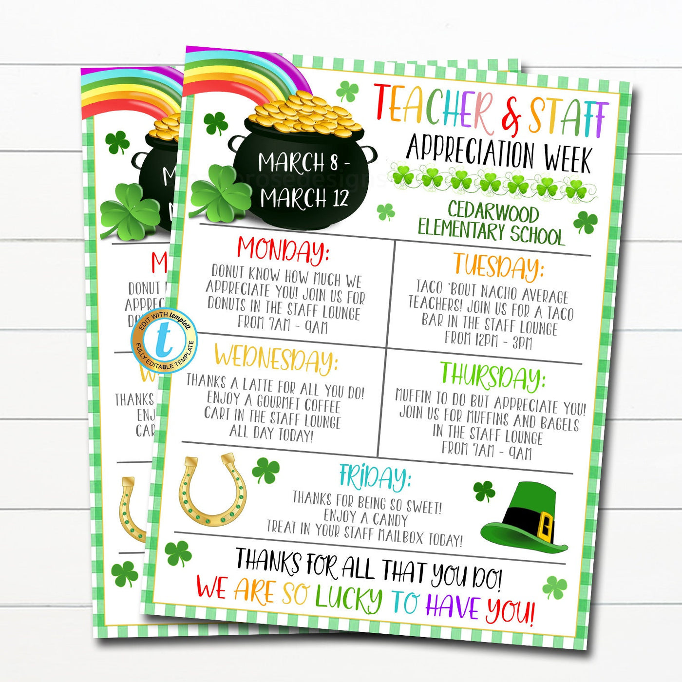 St. Patrick's Day Teacher Appreciation Week Itinerary — TidyLady Printables