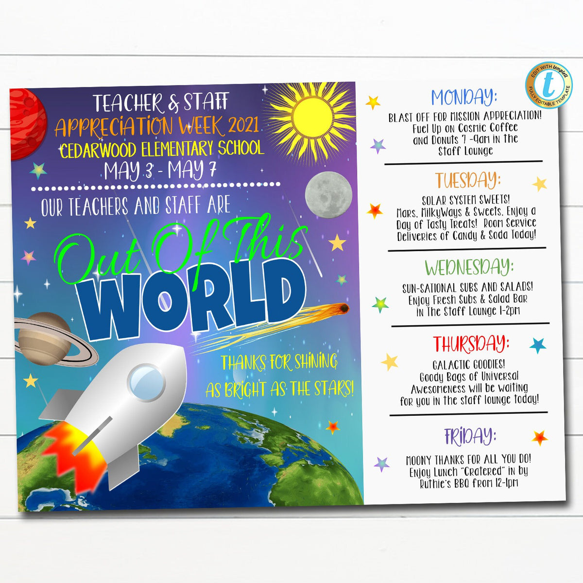 Space Theme Teacher Appreciation Week Itinerary — TidyLady Printables