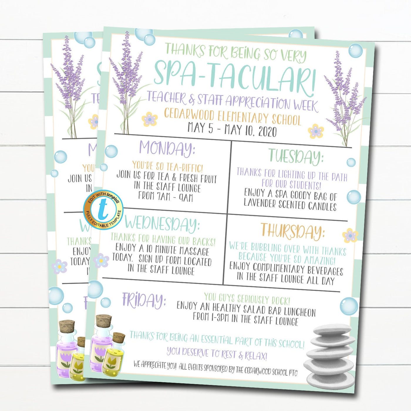 Spa Theme Teacher Appreciation Week Itinerary Poster — TidyLady Printables