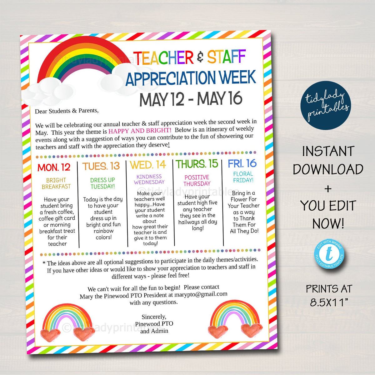 Rainbow Theme Teacher Appreciation Week Staff Invite Newsletter ...
