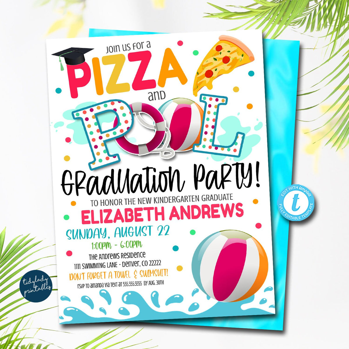Pizza and Pool Party Graduation Invitation | Printable Template ...