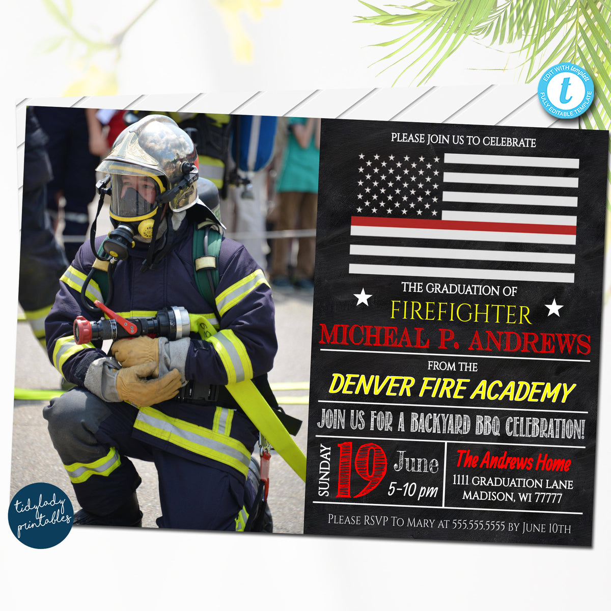 Editable Firefighter Graduation Invite | TidyLady Printables