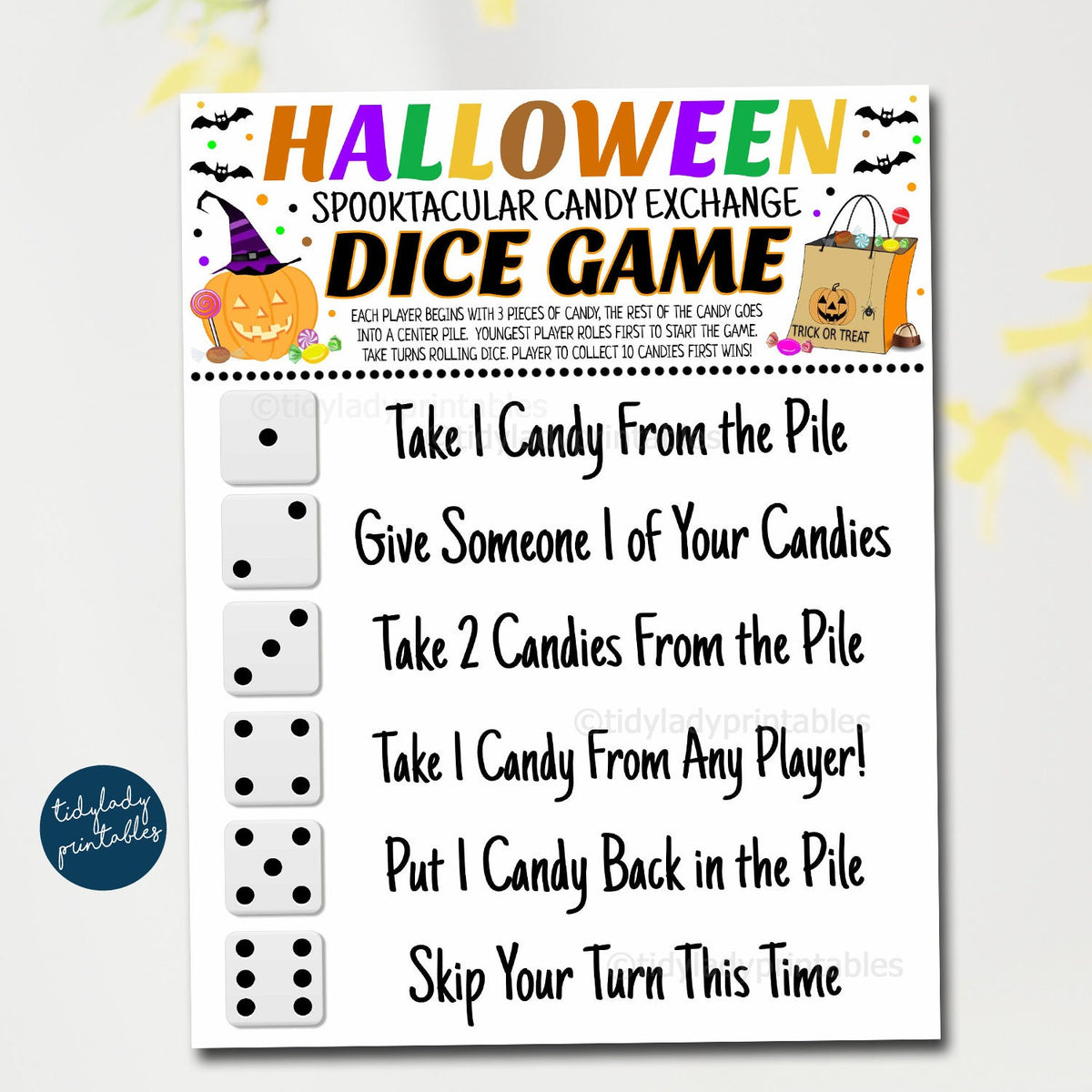 Halloween Candy Exchange Dice Game, Halloween Party Game — TidyLady ...