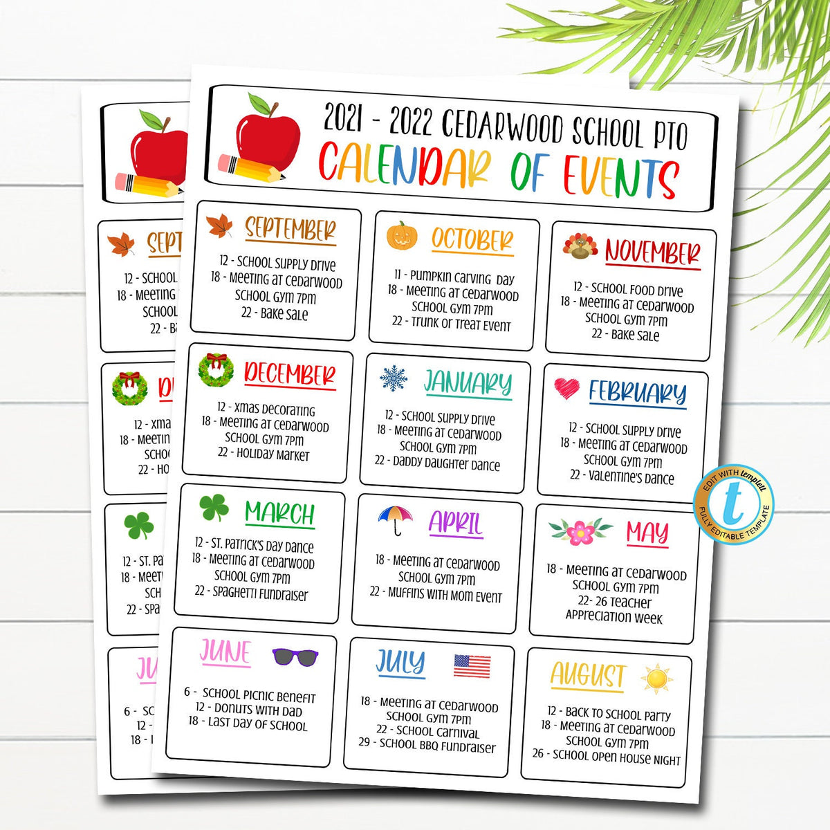 Printable/Editable PTO PTA Monthly Events Template — TidyLady Printables