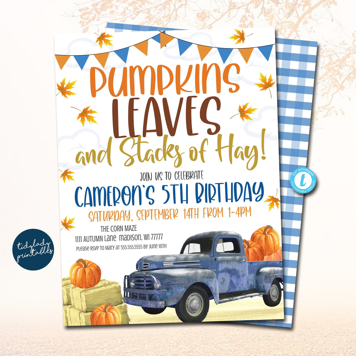 Blue Truck Fall Pumpkin Patch Birthday Invitation — TidyLady Printables