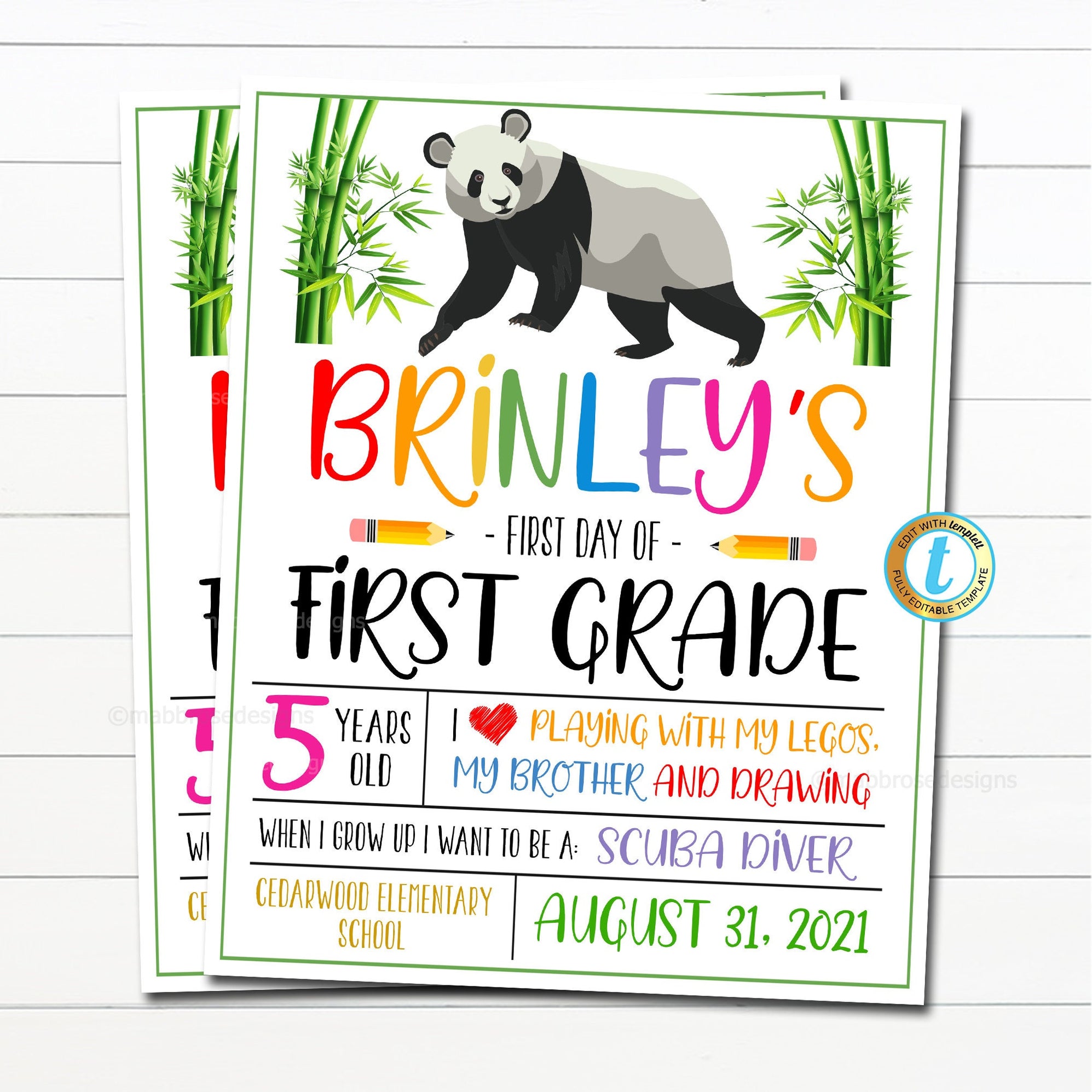 First Day Of School Sign | Panda Theme Template — TidyLady Printables